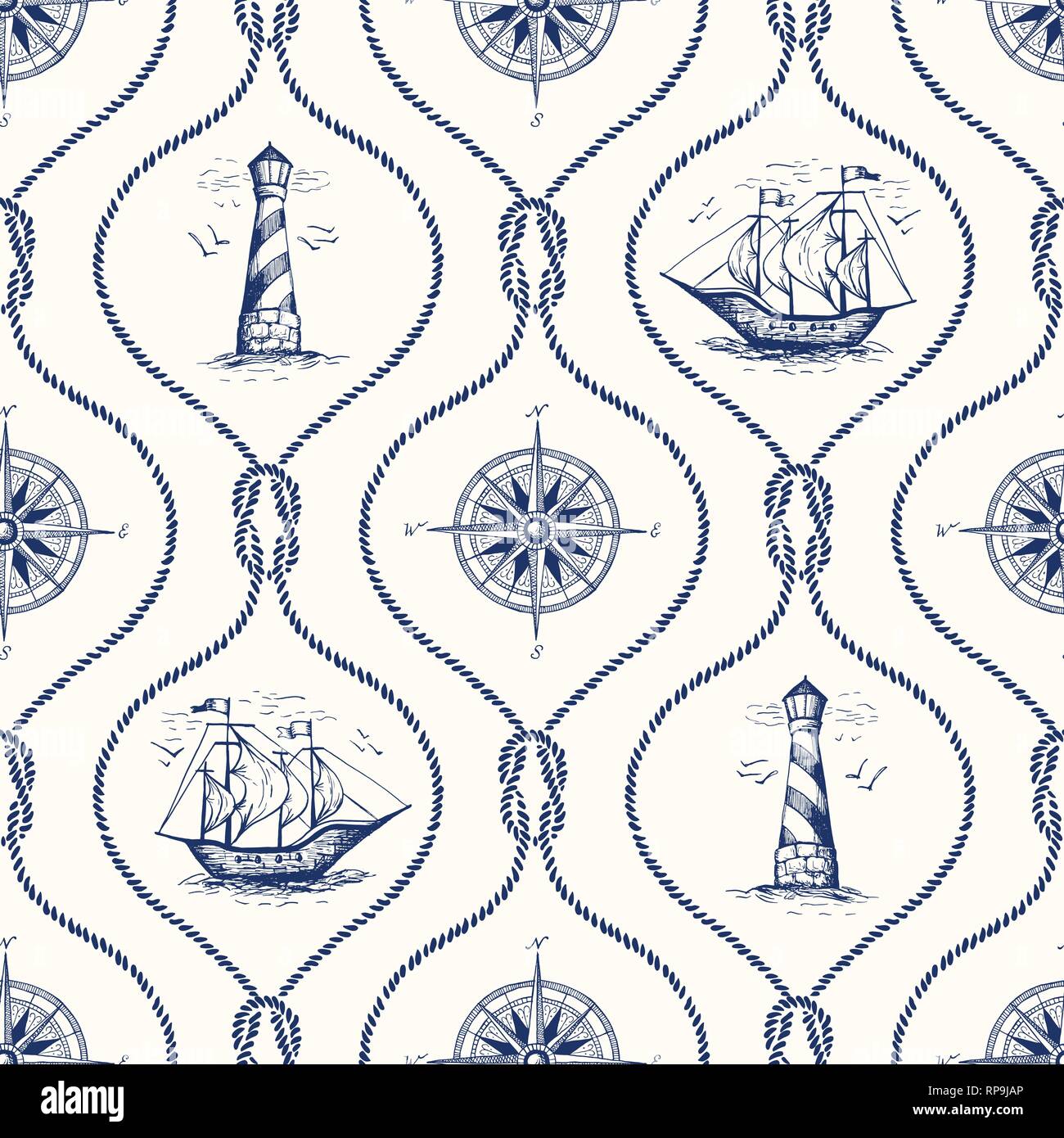 Vintage Hand-Drawn Rope Ogee Vector Seamless Pattern with Lighthouse ...