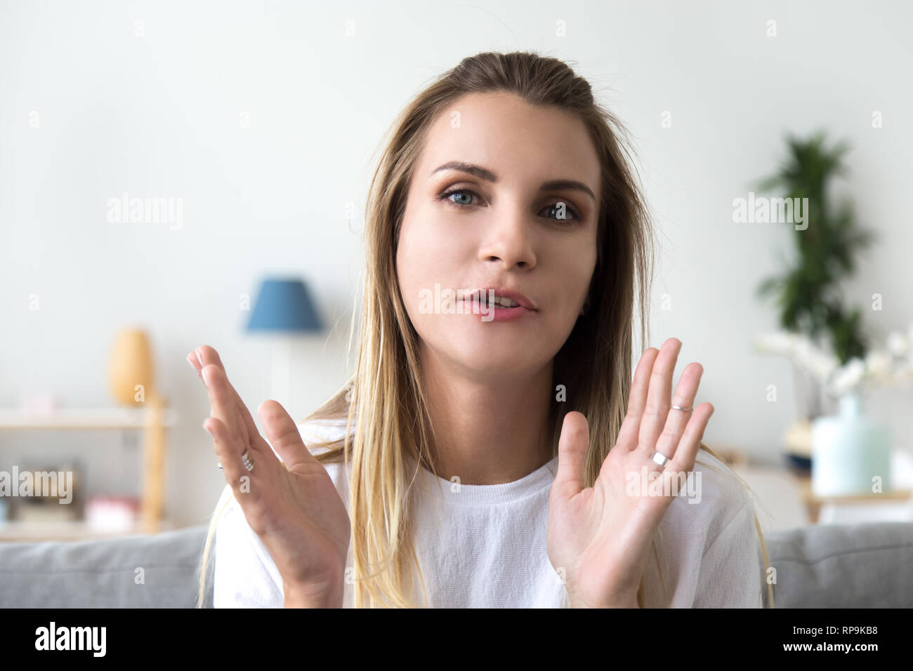 Head shot portrait talking woman, looking at camera, video call Stock ...