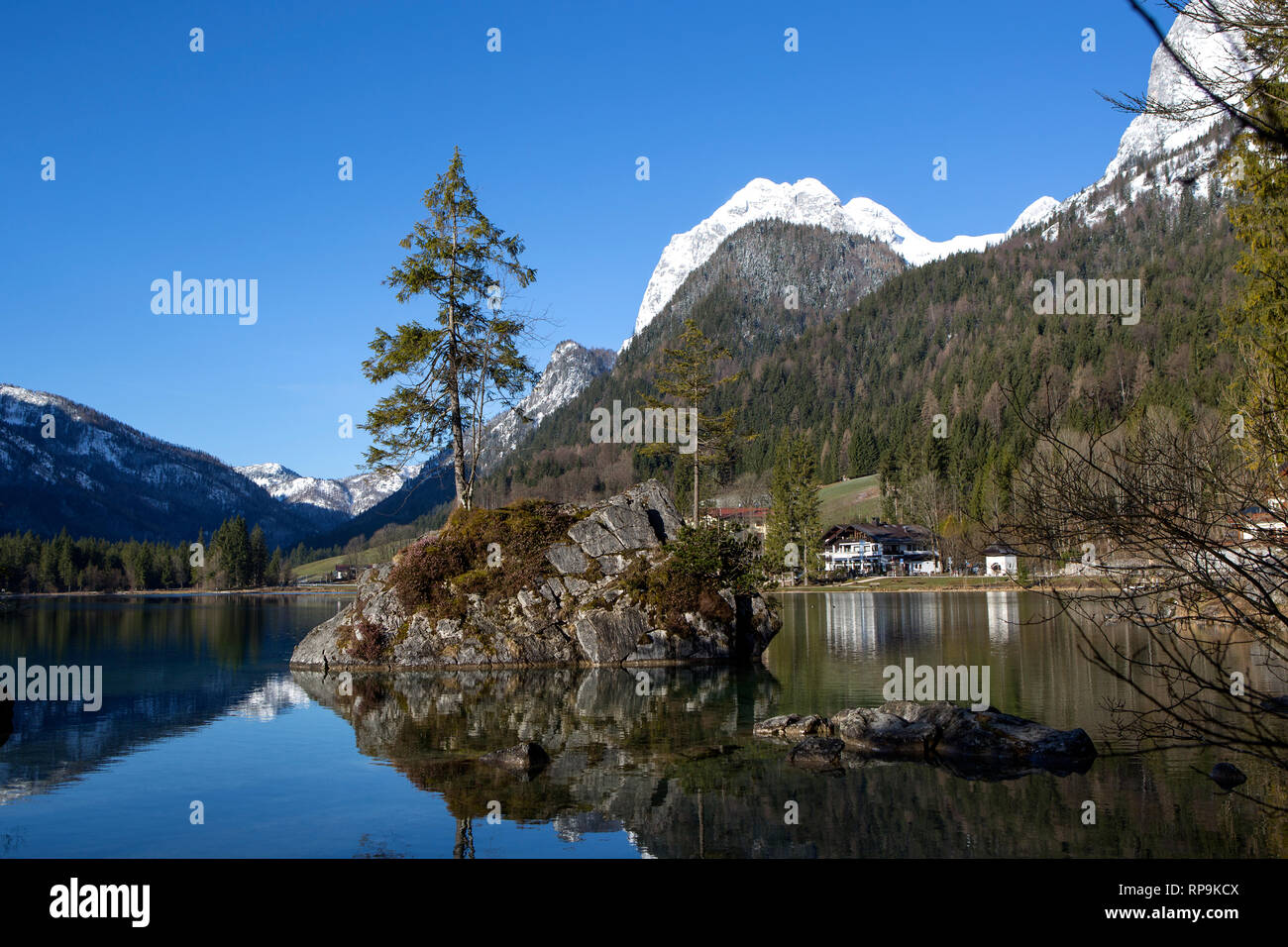 Golden sunrise at famous lake Hintersee, Bavaria, Germany Stock Photo ...