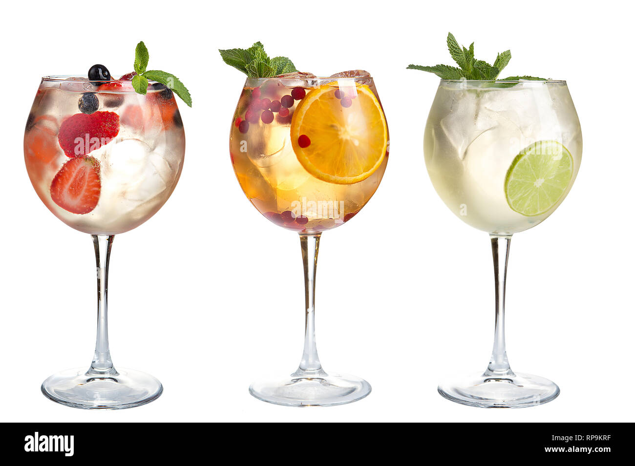 Cocktail with mint, fruits and berries on a white background. A set of ...