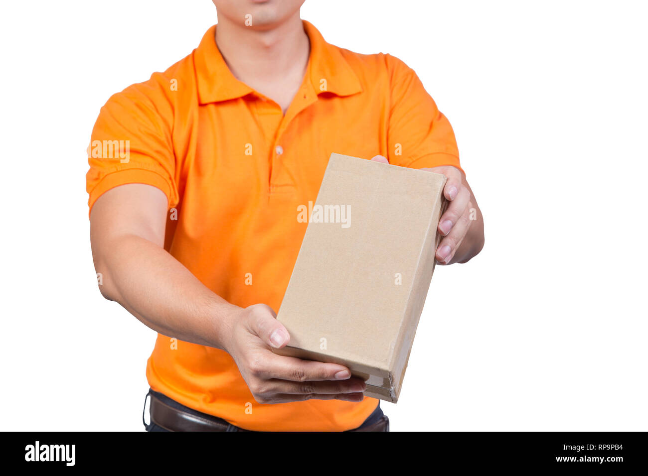 delivery man holding package box wearing orange uniform shirt isolated ...