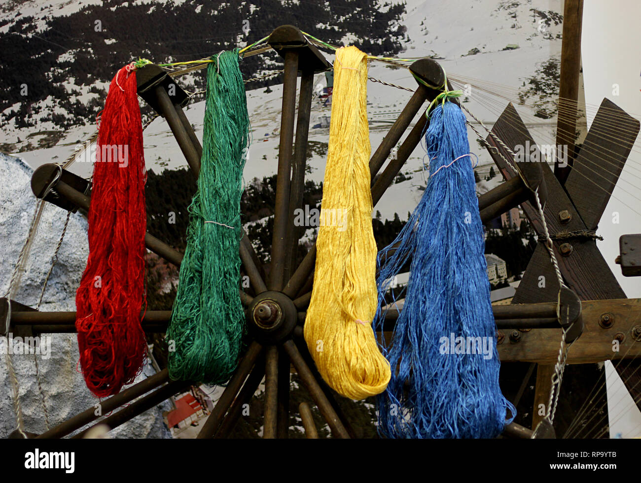 Dangling yarns for drying from spinning wheels to beautiful colors of ...