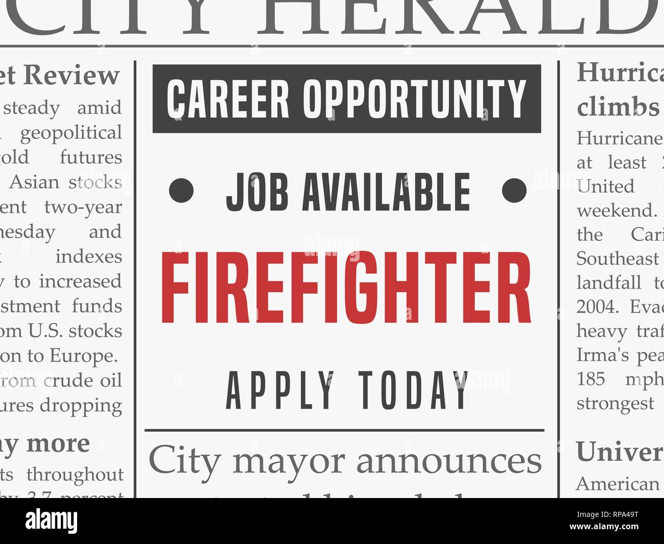 Firefighter career - job hiring classified ad vector in fake newspaper ...