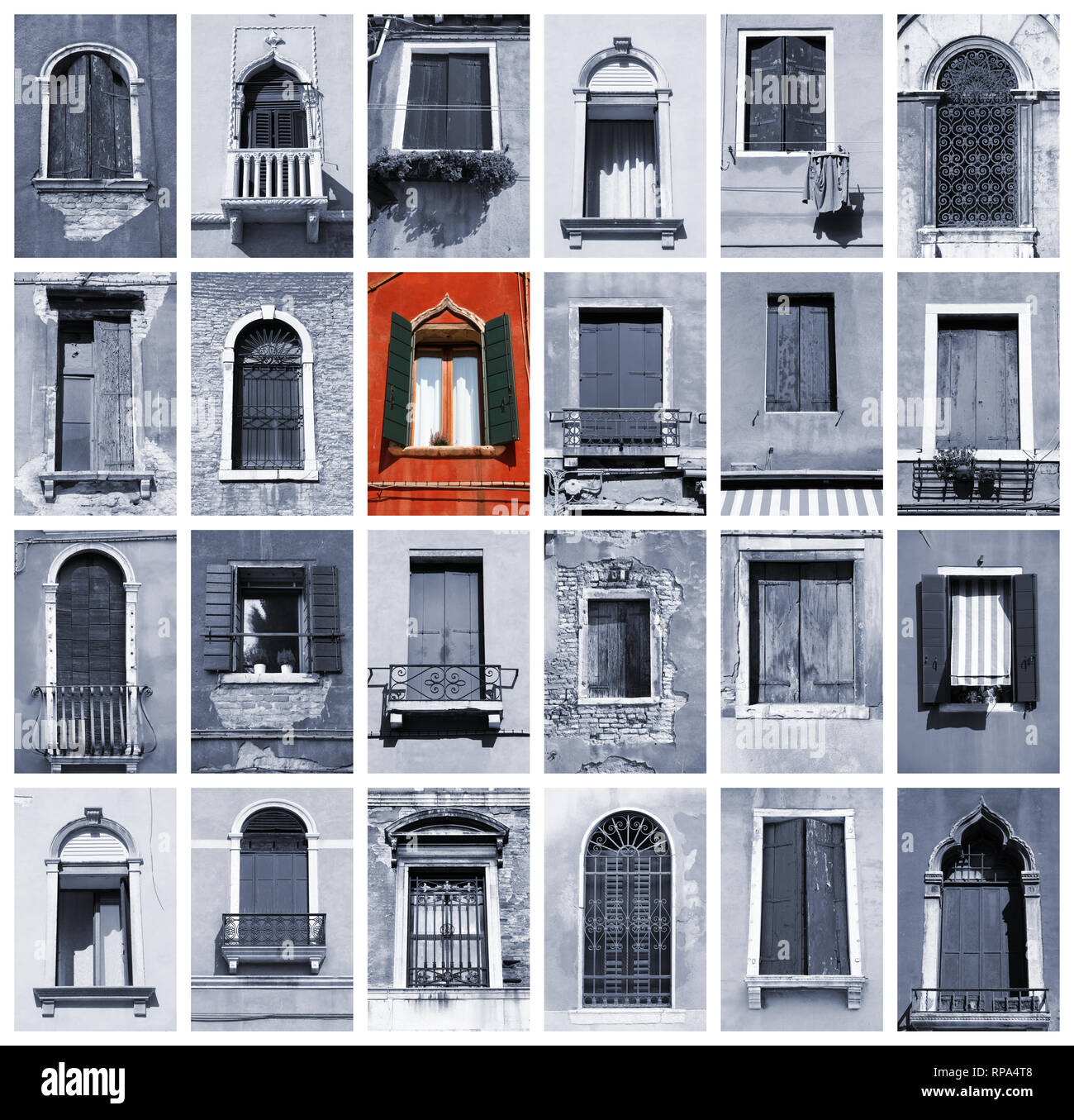 Windows of Venice, Italy. Old architecture. One prominent red window ...