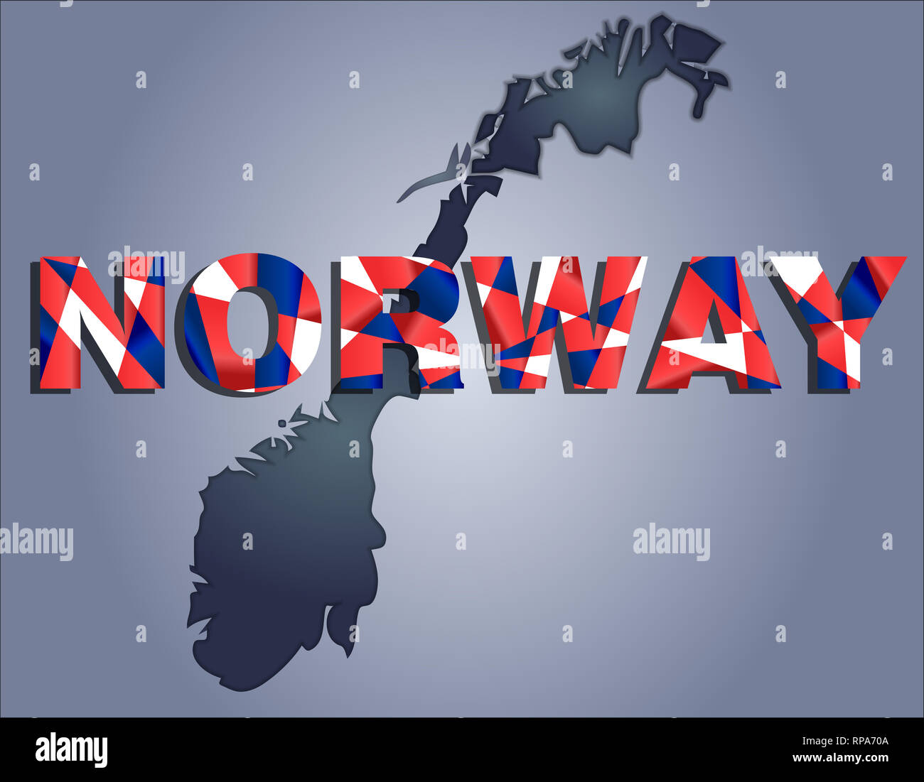 The contours of territory of Norway in grey colours and word Norway in ...
