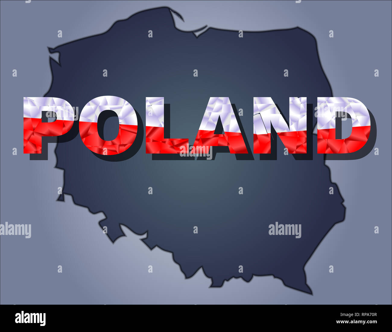 The contours of territory of Poland in grey colours and word Poland in ...