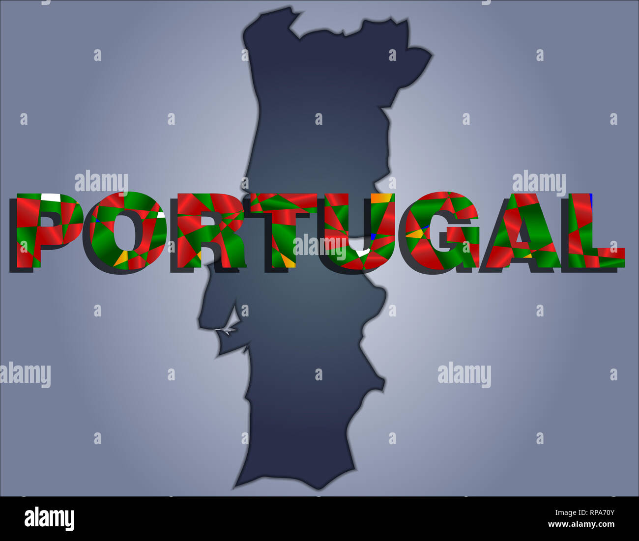 The contours of territory of Portugal in grey colours and word Portugal ...