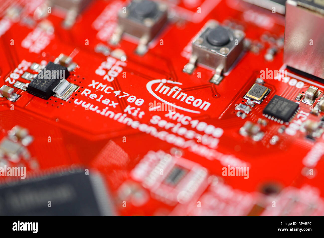 21 February 2019, Bavaria, München: The Infineon logo can be seen on ...