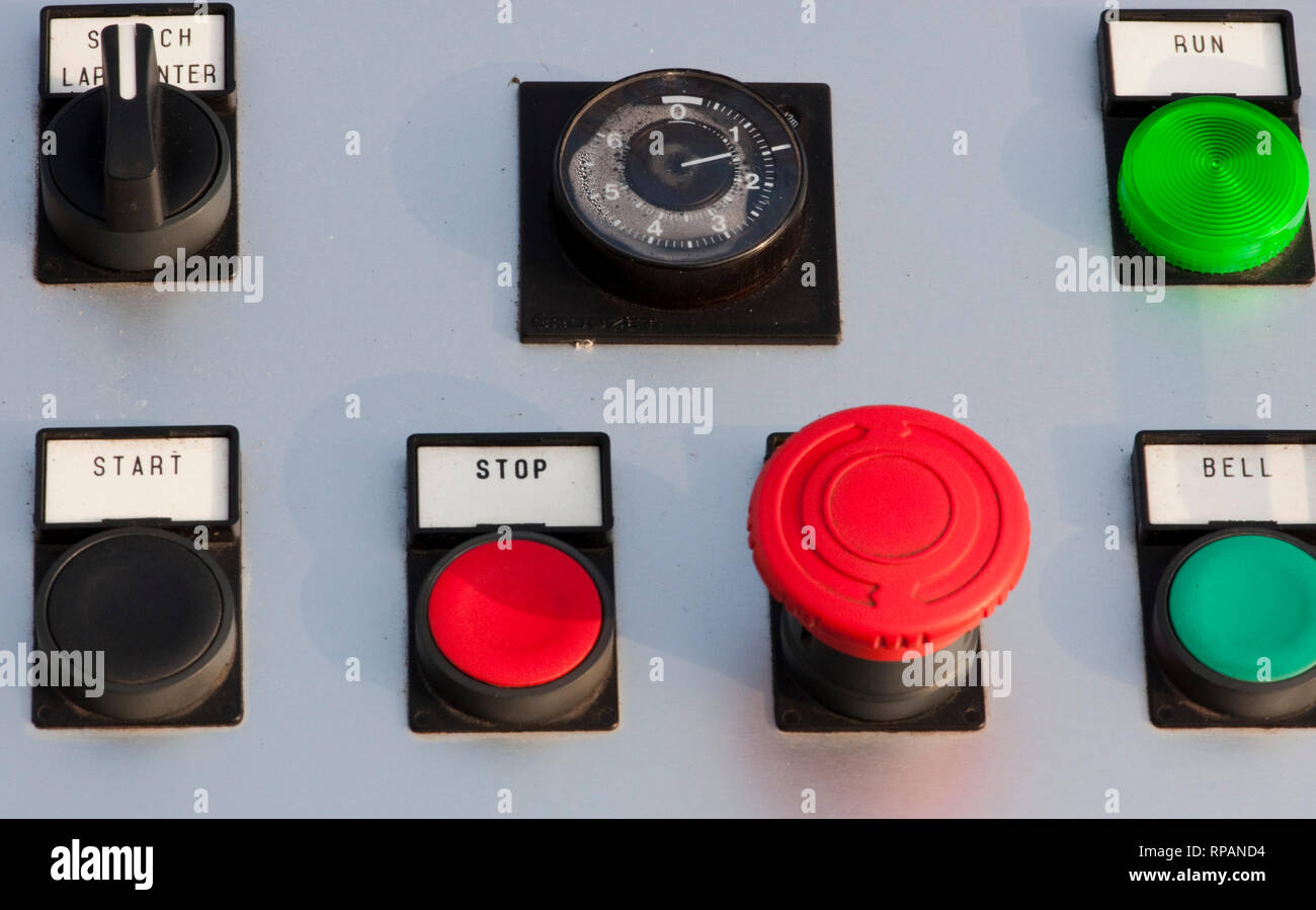 Control panel with the big red button for the control Stock Photo - Alamy