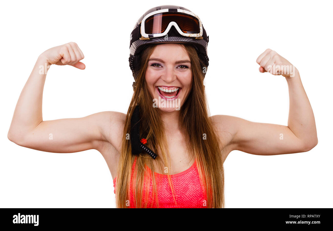 Winter sport people concept. Strong woman with sporty helmet. Young ...