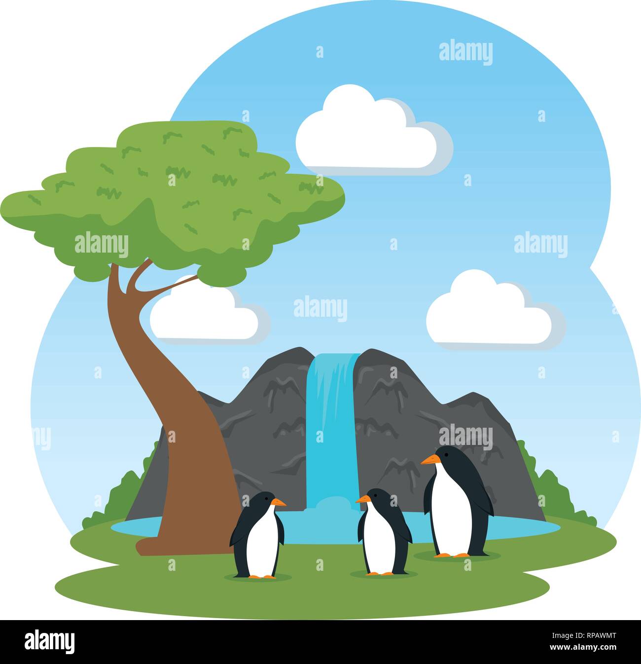 cute penguins birds in the landscape characters vector illustration ...