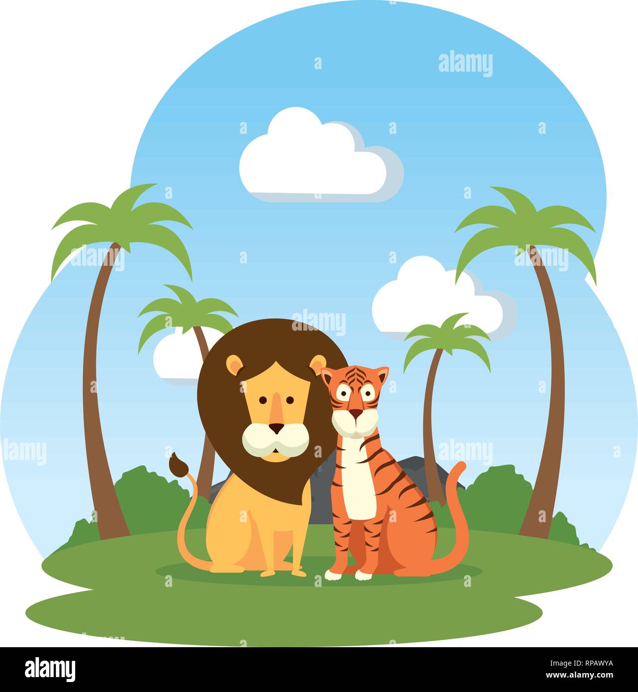 african lion with tiger in the field vector illustration design Stock ...