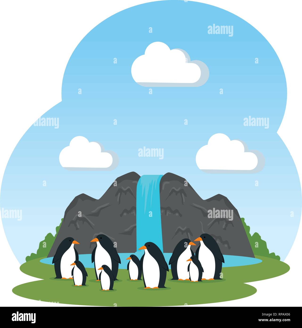 cute penguins birds in the landscape characters vector illustration ...