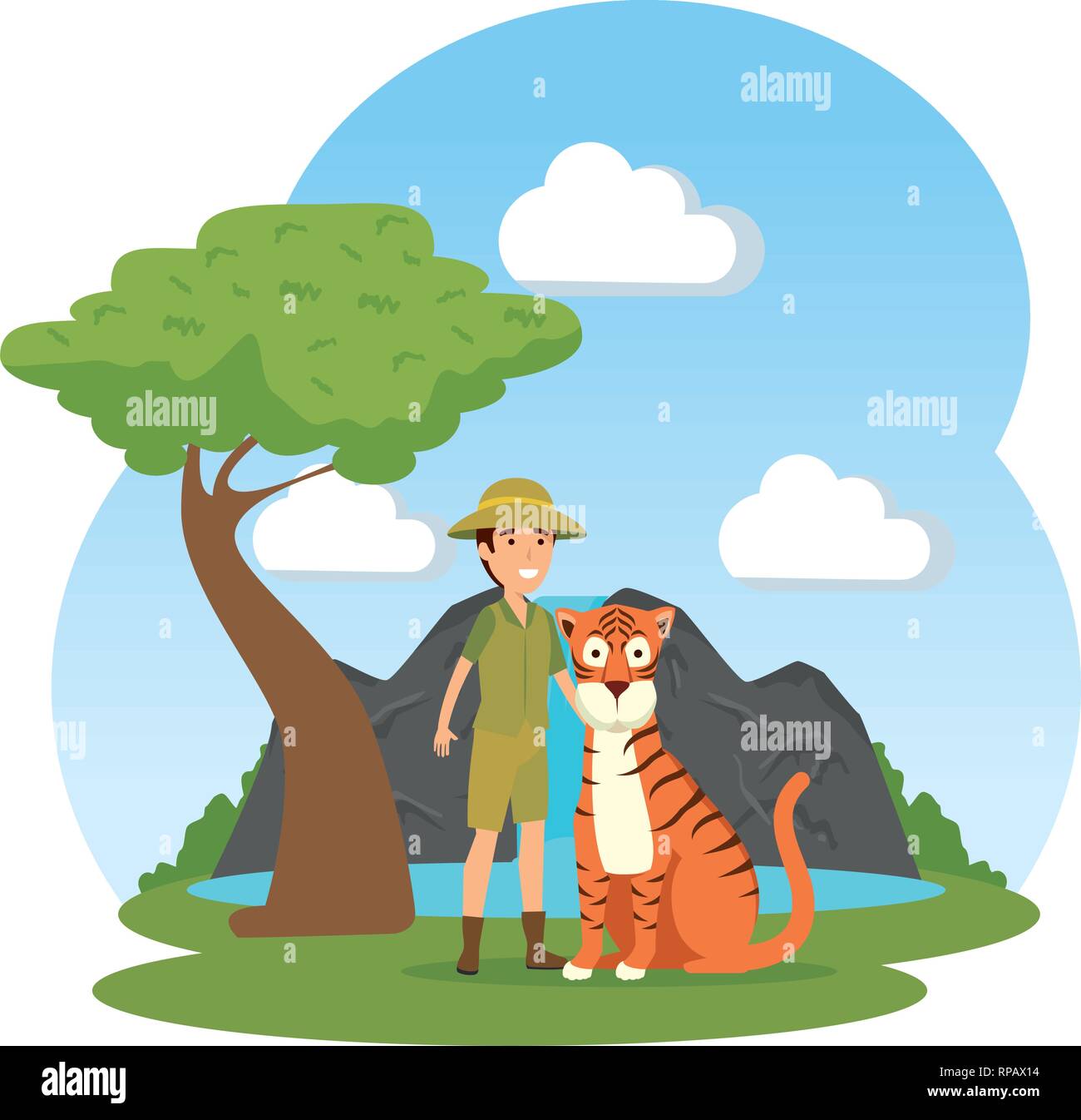 man worker of zoo with tiger in the landscape vector illustration ...