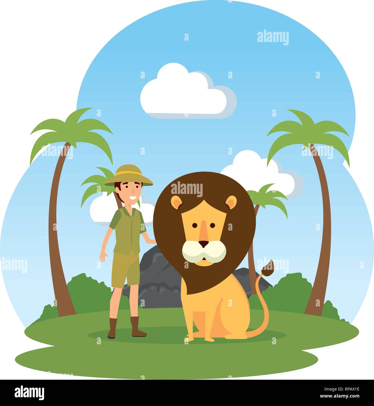 man worker of zoo with lion in the landscape vector illustration design ...