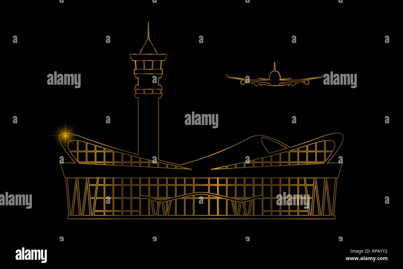 Golden Modern Airport terminal building icon label. Isolated gold color ...