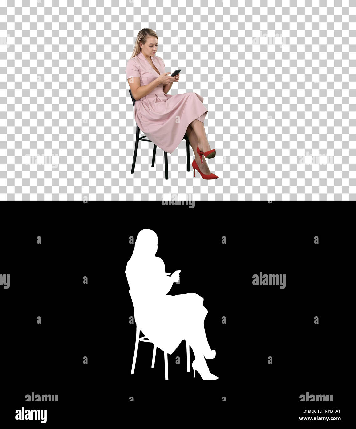 On Alpha Matte. Young Woman with blond hair sitting on a chair reading ...