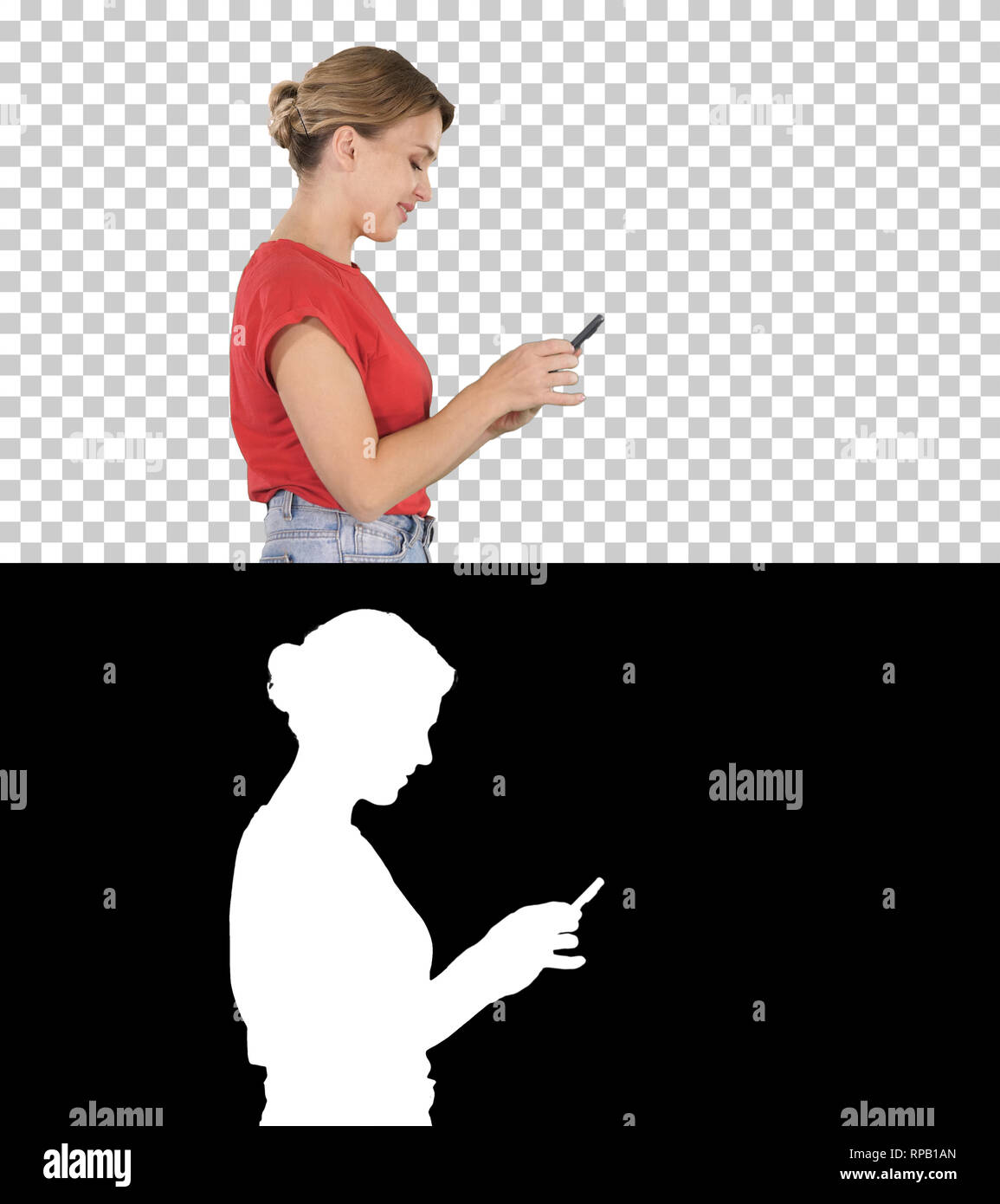 On Alpha Matte. Medium shot. Side view. Pretty woman using cell phone ...