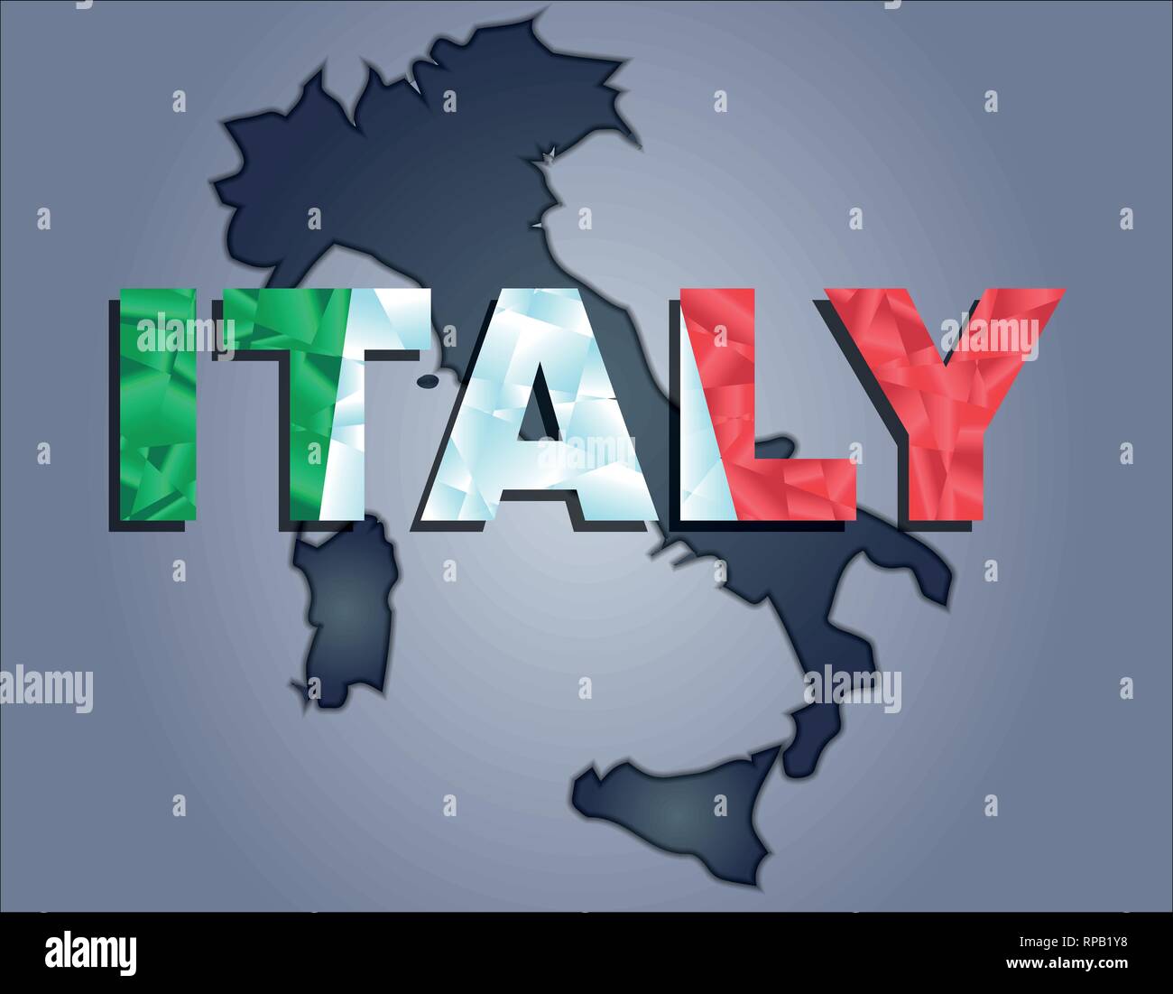 The contours of territory of Italy in grey colours and word Italy in ...