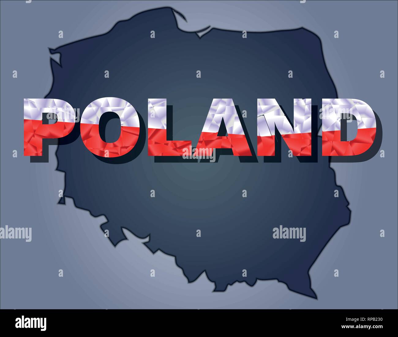 The contours of territory of Poland in grey colours and word Poland in ...