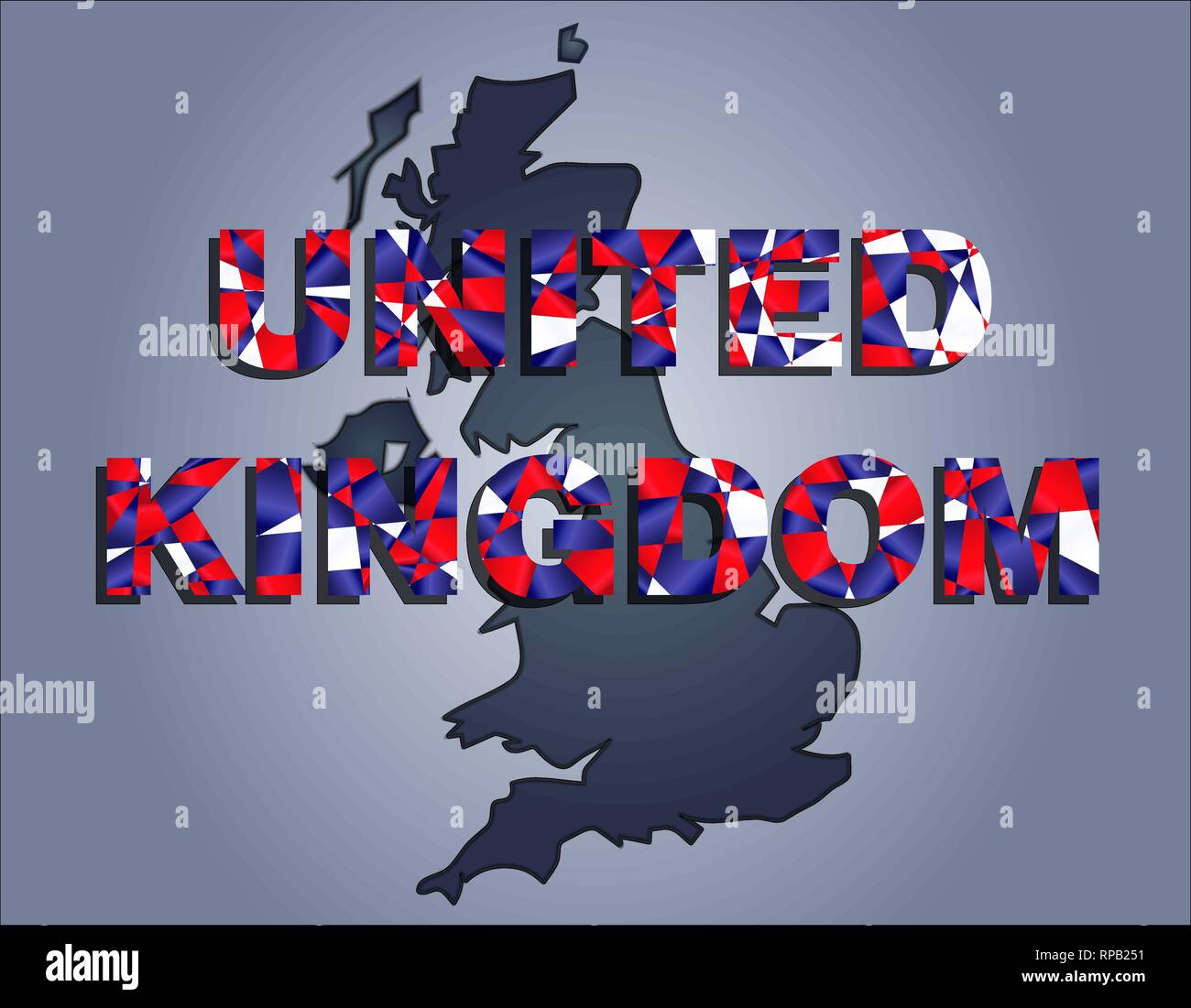 The contours of territory of United Kingdom in grey colours and word ...