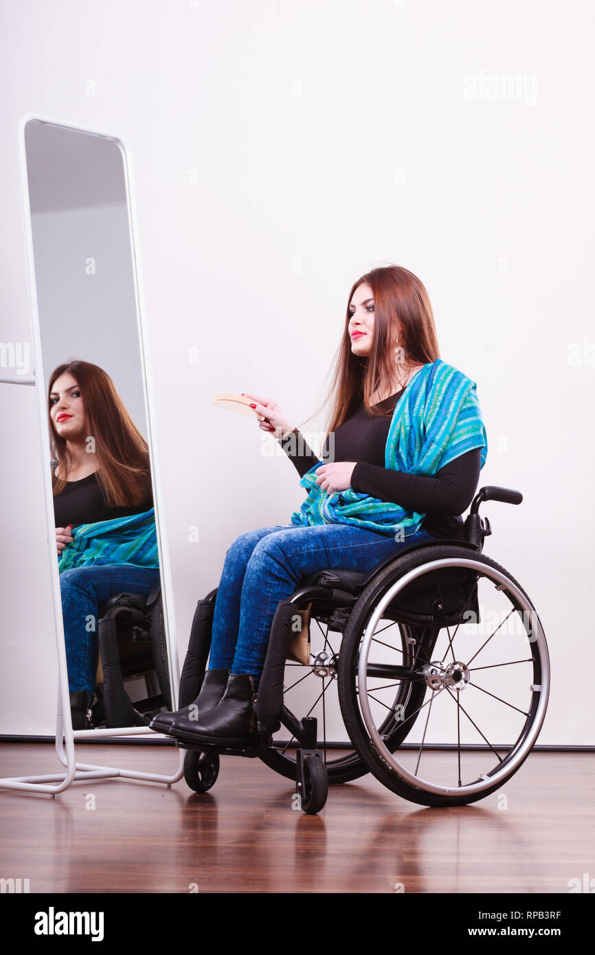 Disability beauty invalid happiness concept. Disabled girl looking at ...