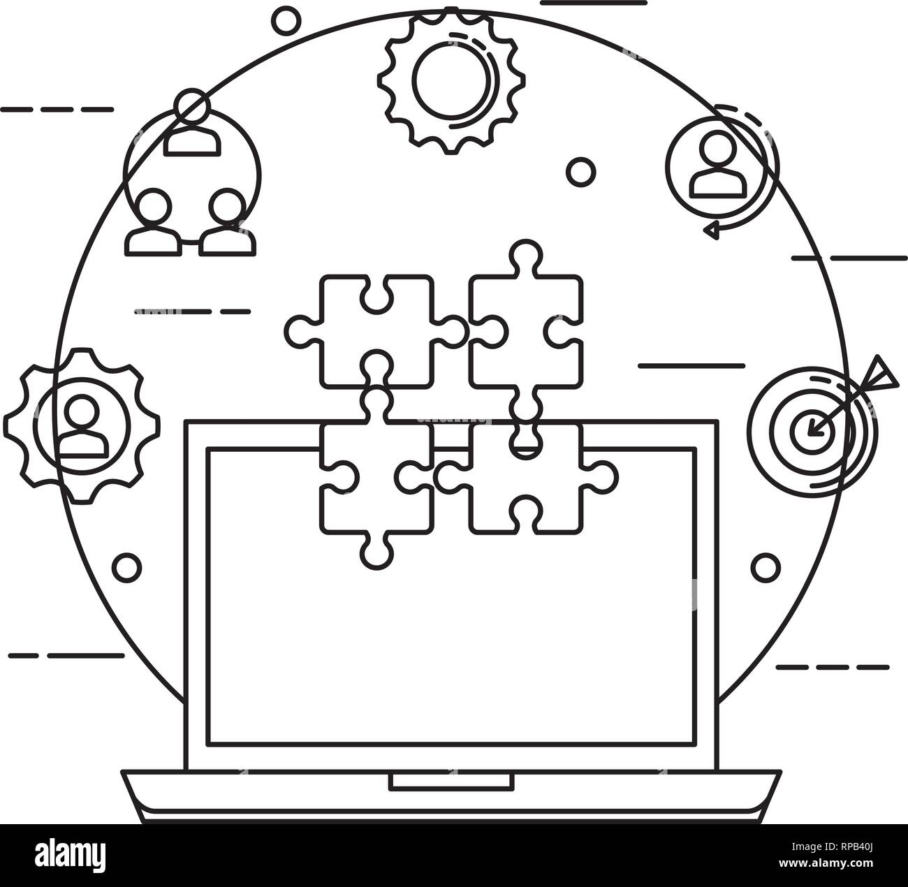 laptop with puzzle pieces and business set icons vector illustration ...