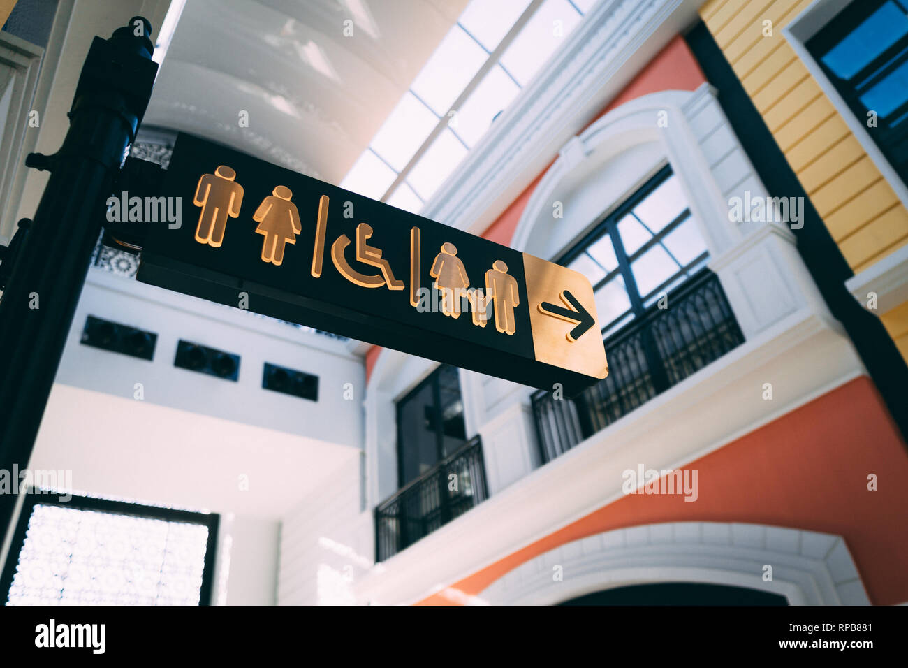 Signs on the pole showing available toilets. Label inside a shopping ...