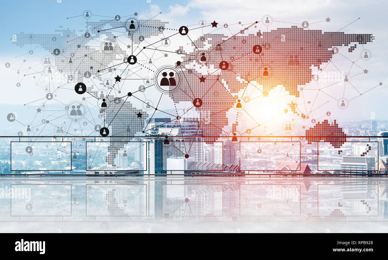 Concept of global communication and networking with world map over ...