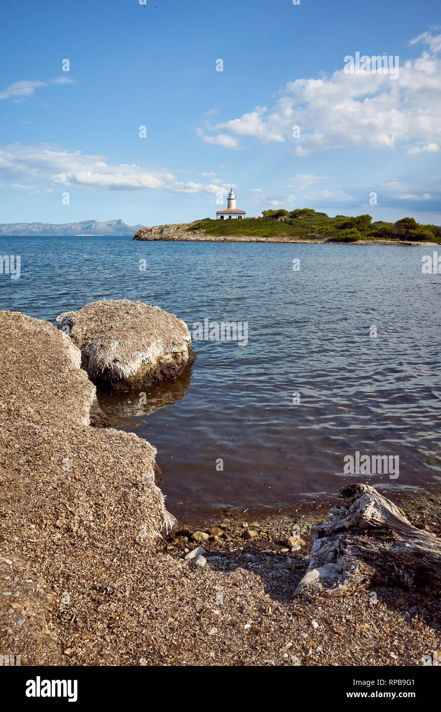Beach with Alcanada Lighthouse (Faro de Alcanada) in distance, Mallorca ...