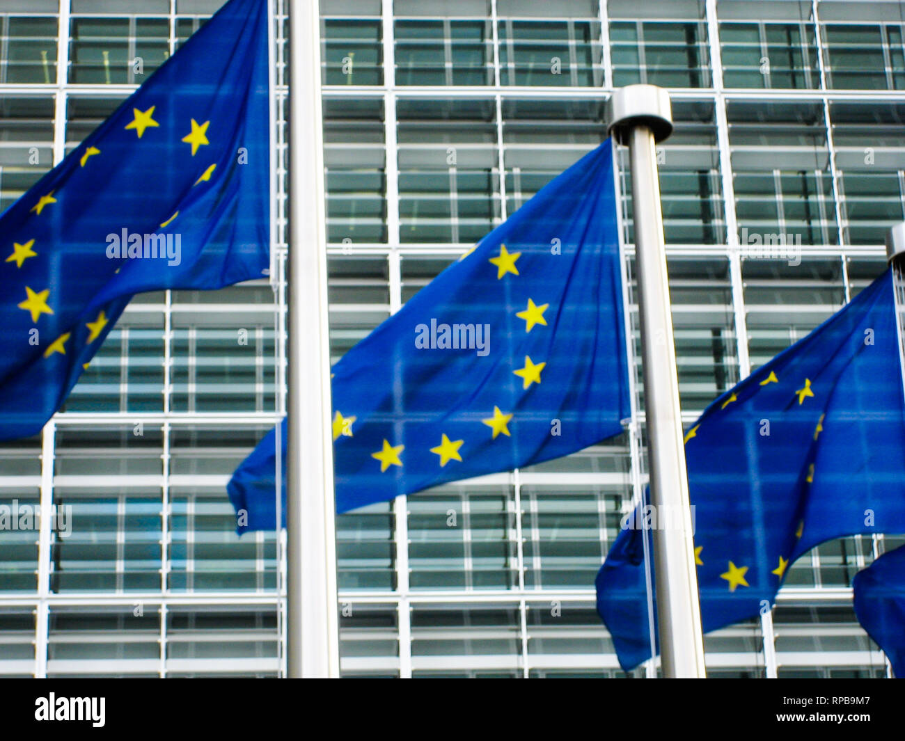 European flags, European Commission building, Brussels, Belgium Stock ...