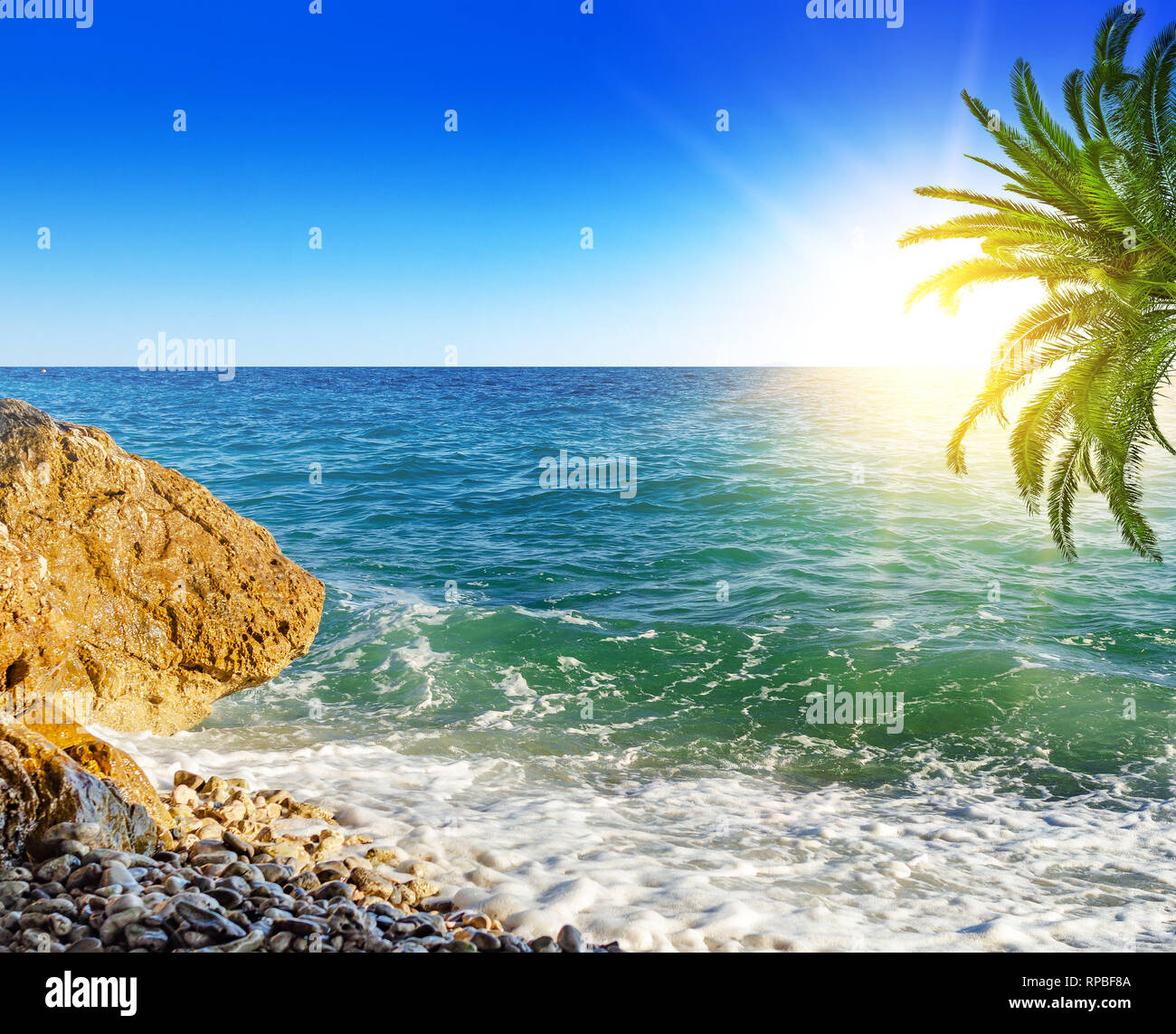 Tropical beach at sunset Stock Photo - Alamy