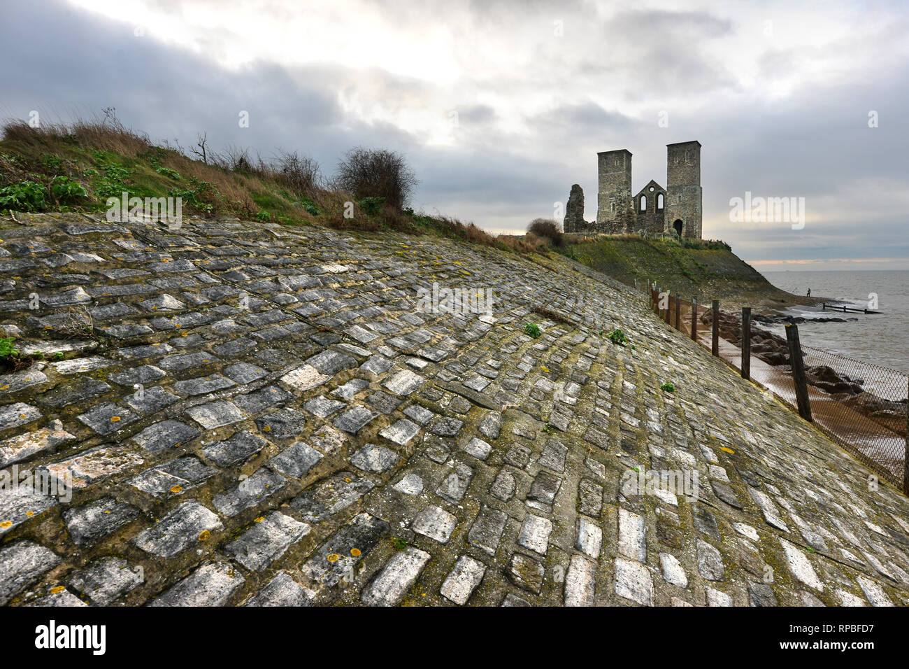 Reculver Abbey, Herne Bay, Kent. St Mary's church ruins at sunset Stock ...