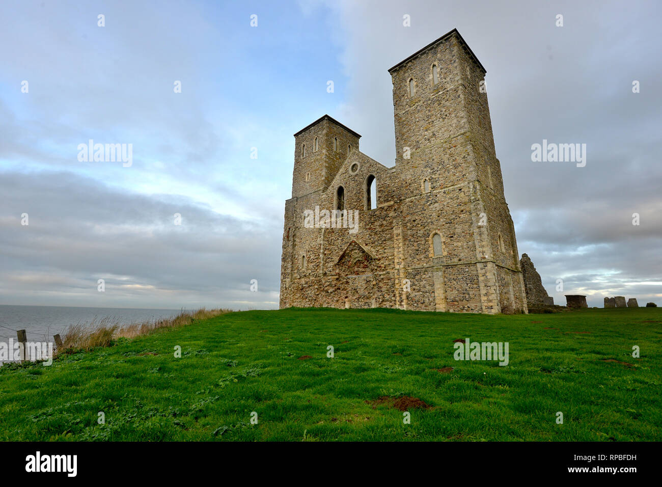 Reculver Abbey, Herne Bay, Kent. St Mary's church ruins at sunset Stock ...