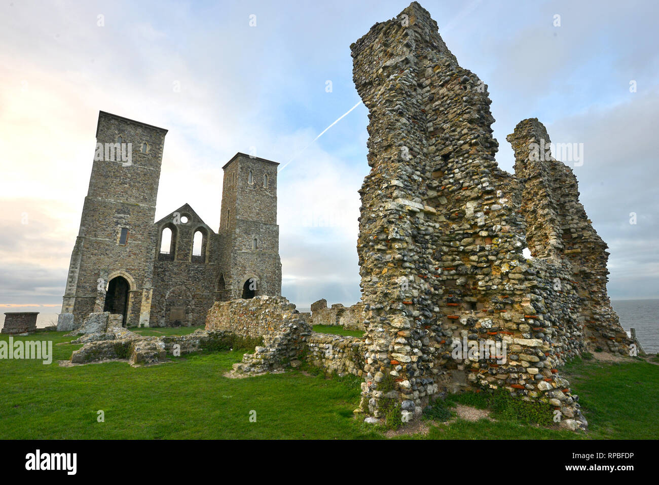 Reculver Abbey, Herne Bay, Kent. St Mary's church ruins at sunset Stock ...