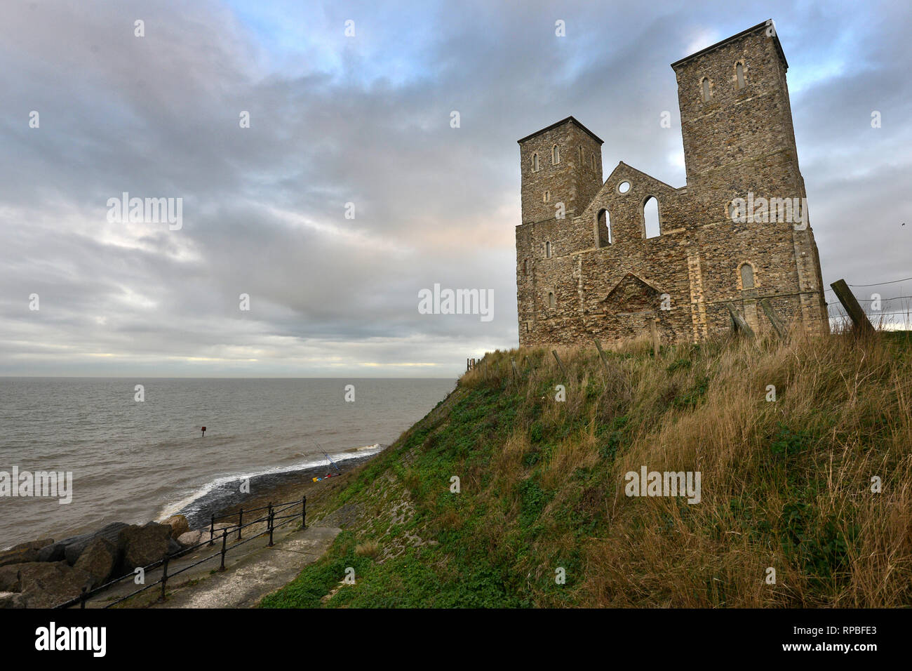 Reculver Abbey, Herne Bay, Kent. St Mary's church ruins at sunset Stock ...