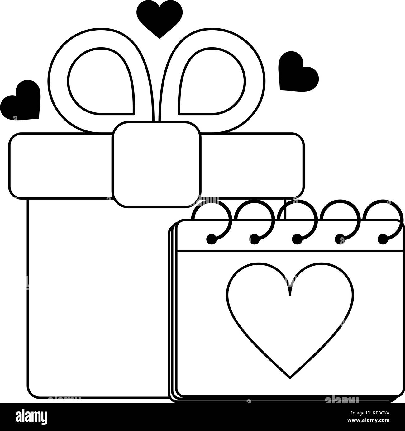 romantic gift box and calendar love date black and white Stock Vector ...