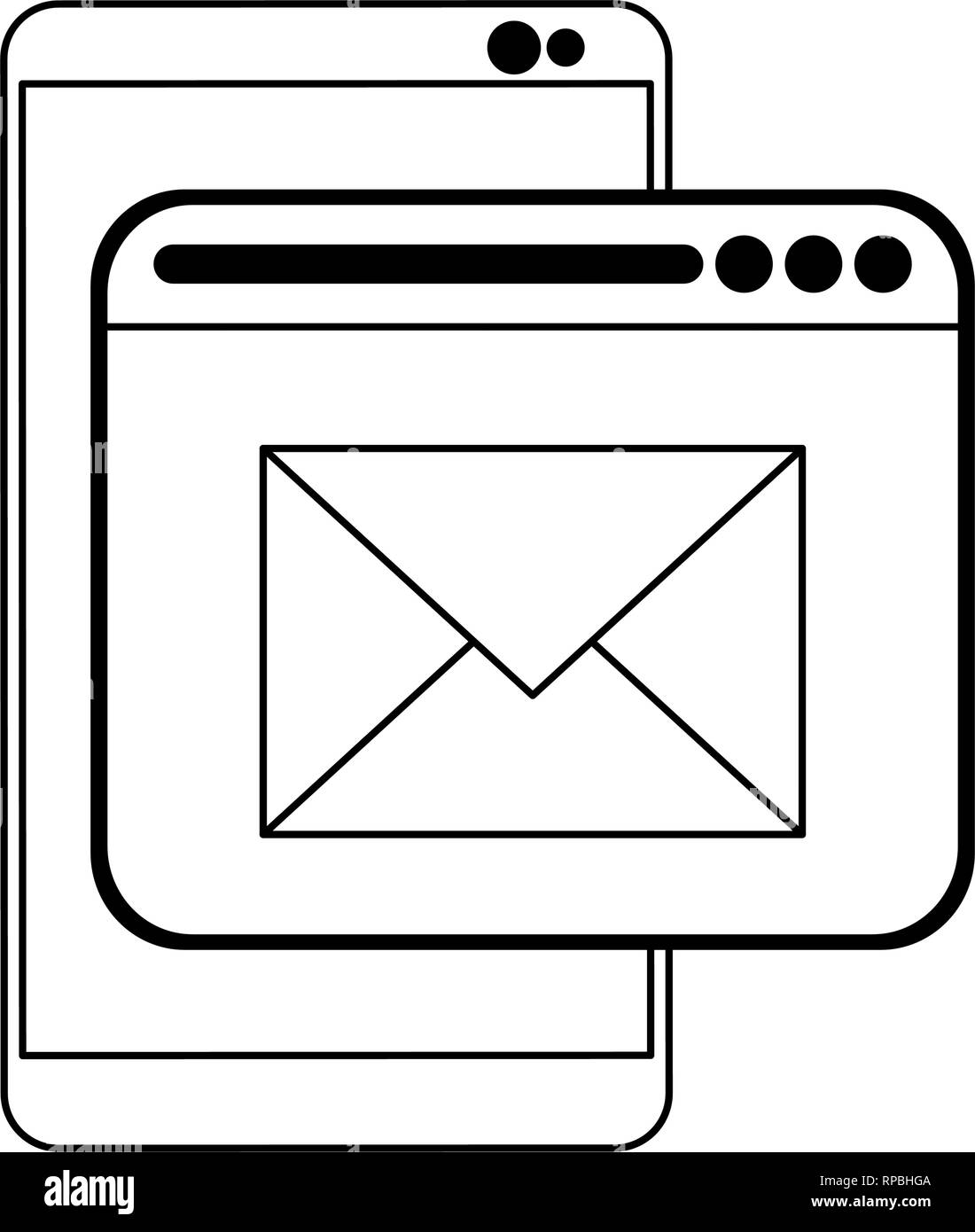 smartphone and email sending from website black and white Stock Vector ...