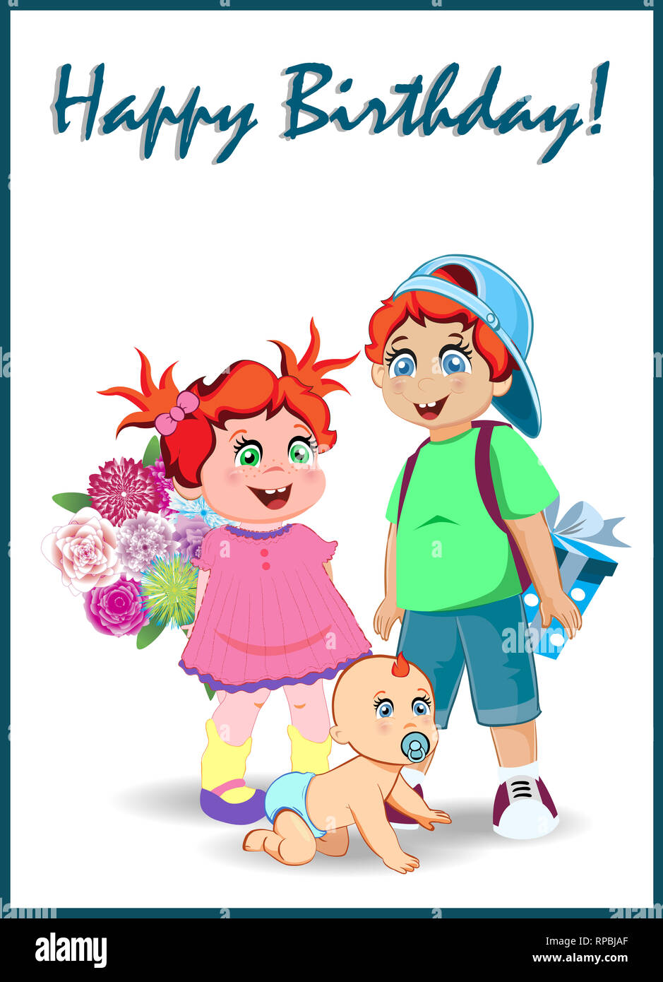 Happy Birthday Greeting Card of Cute Cartoon Kids Characters Holding ...