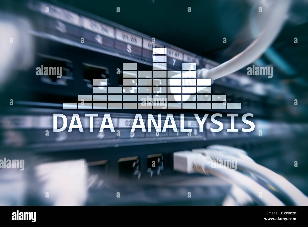 Big Data analysis text on server room background. Internet and modern technology concept Stock ...