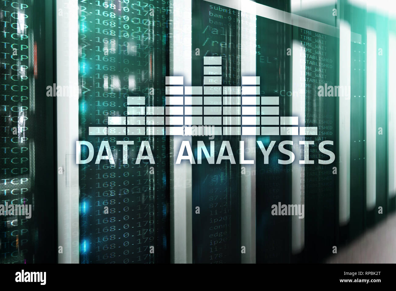 Big Data analysis text on server room background. Internet and modern technology concept Stock ...