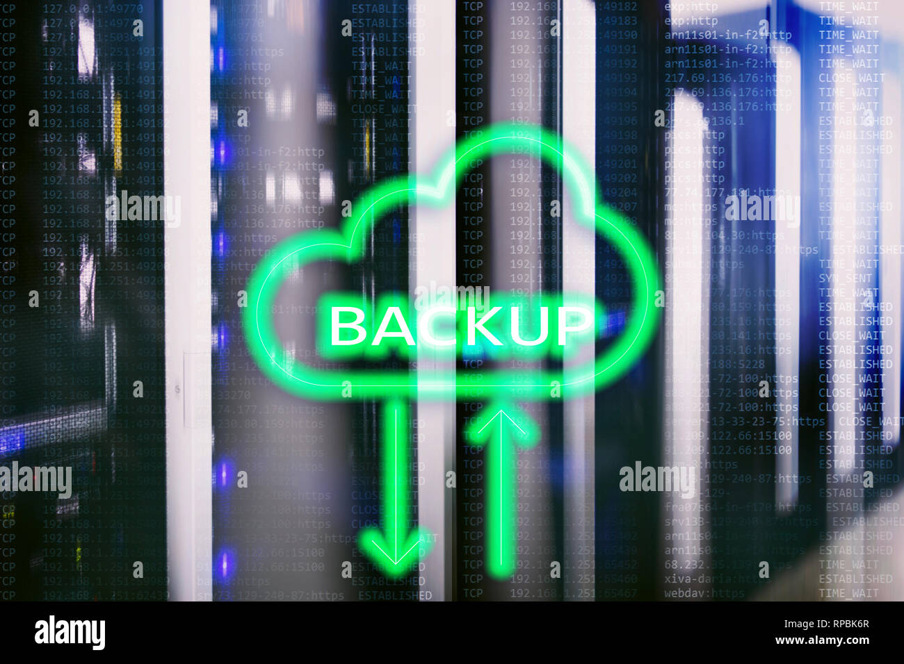 Backup button on modern server room background. Data loss prevention ...