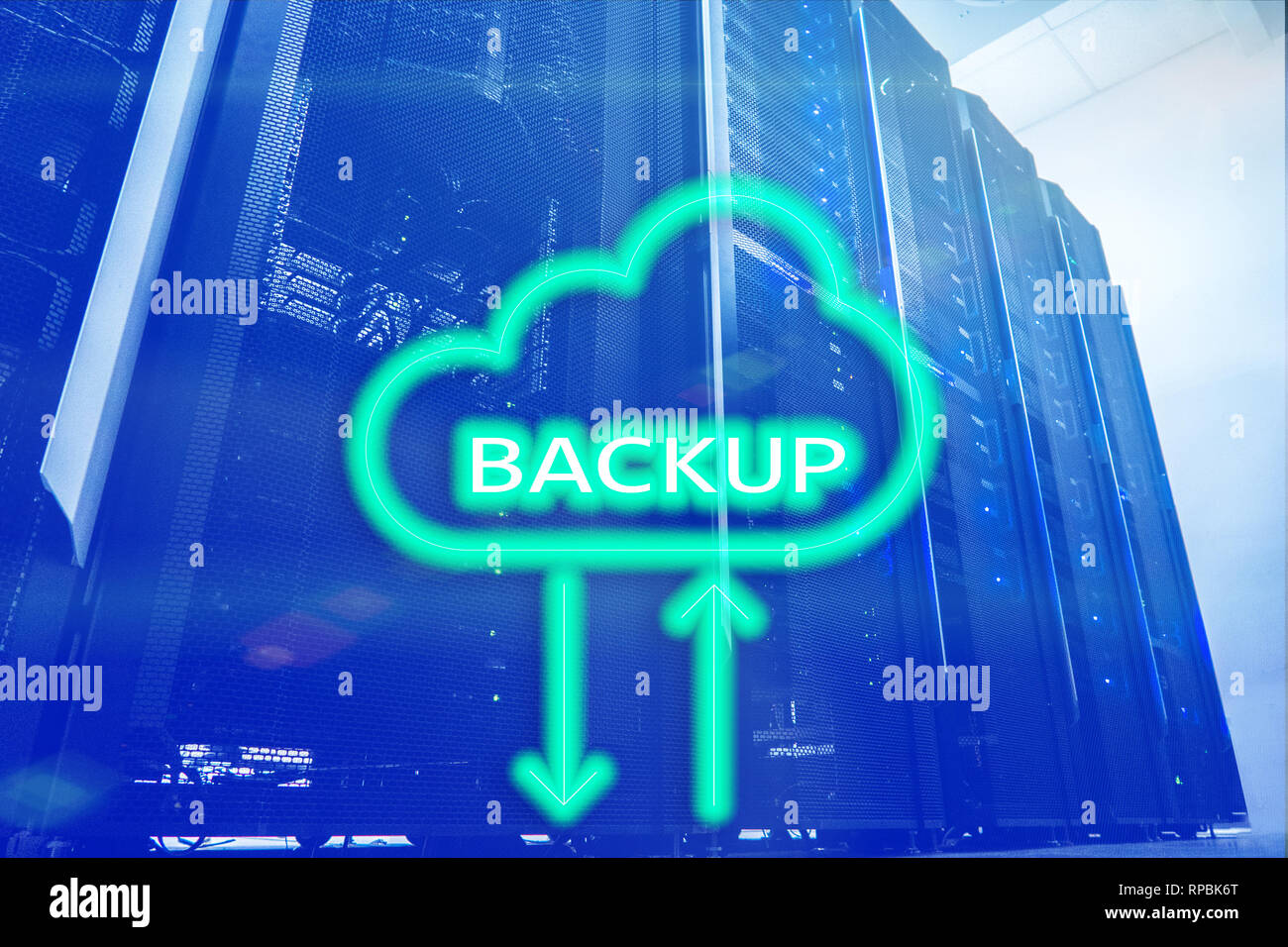 Backup button on modern server room background. Data loss prevention ...