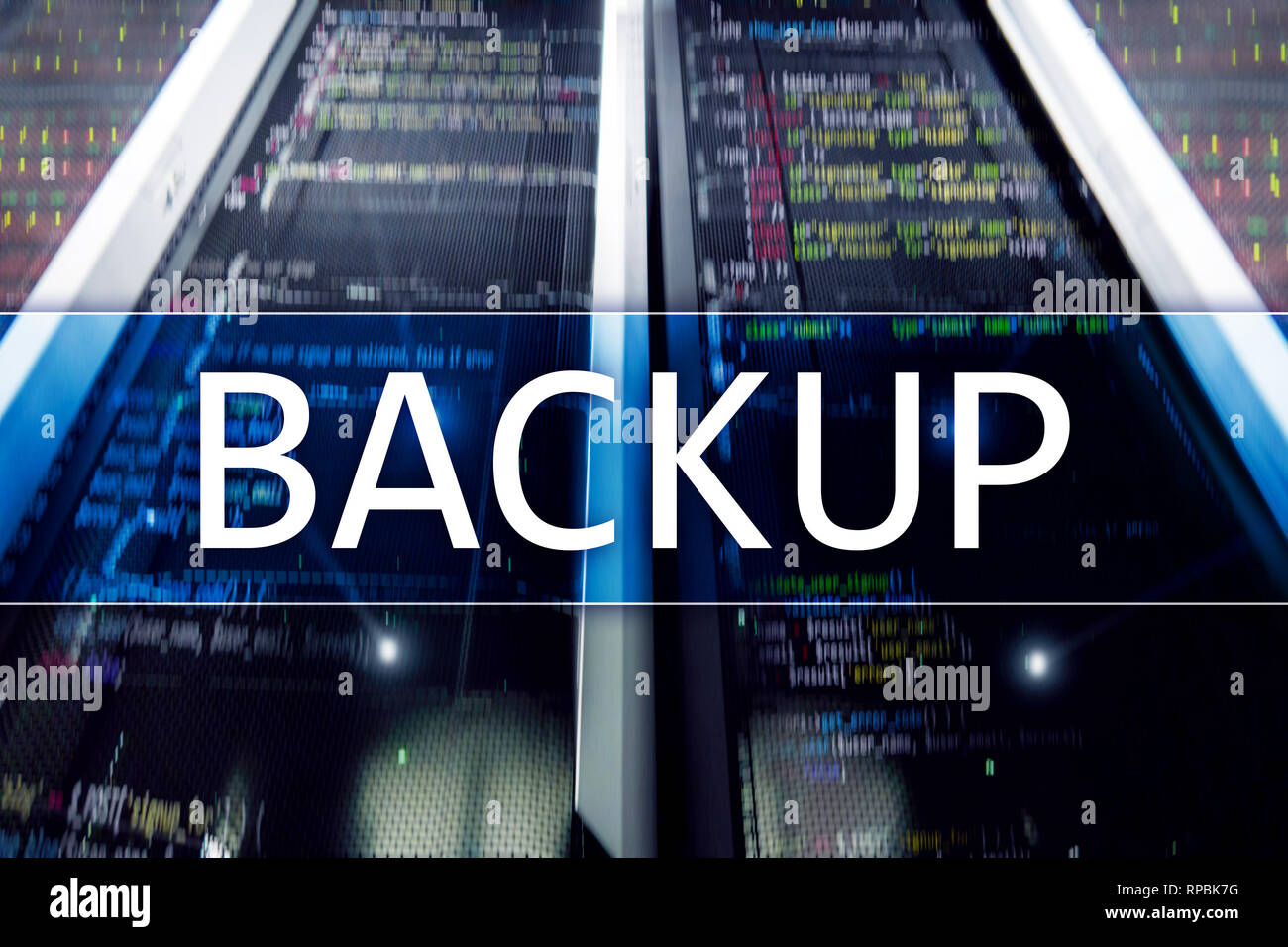 Backup button on modern server room background. Data loss prevention ...