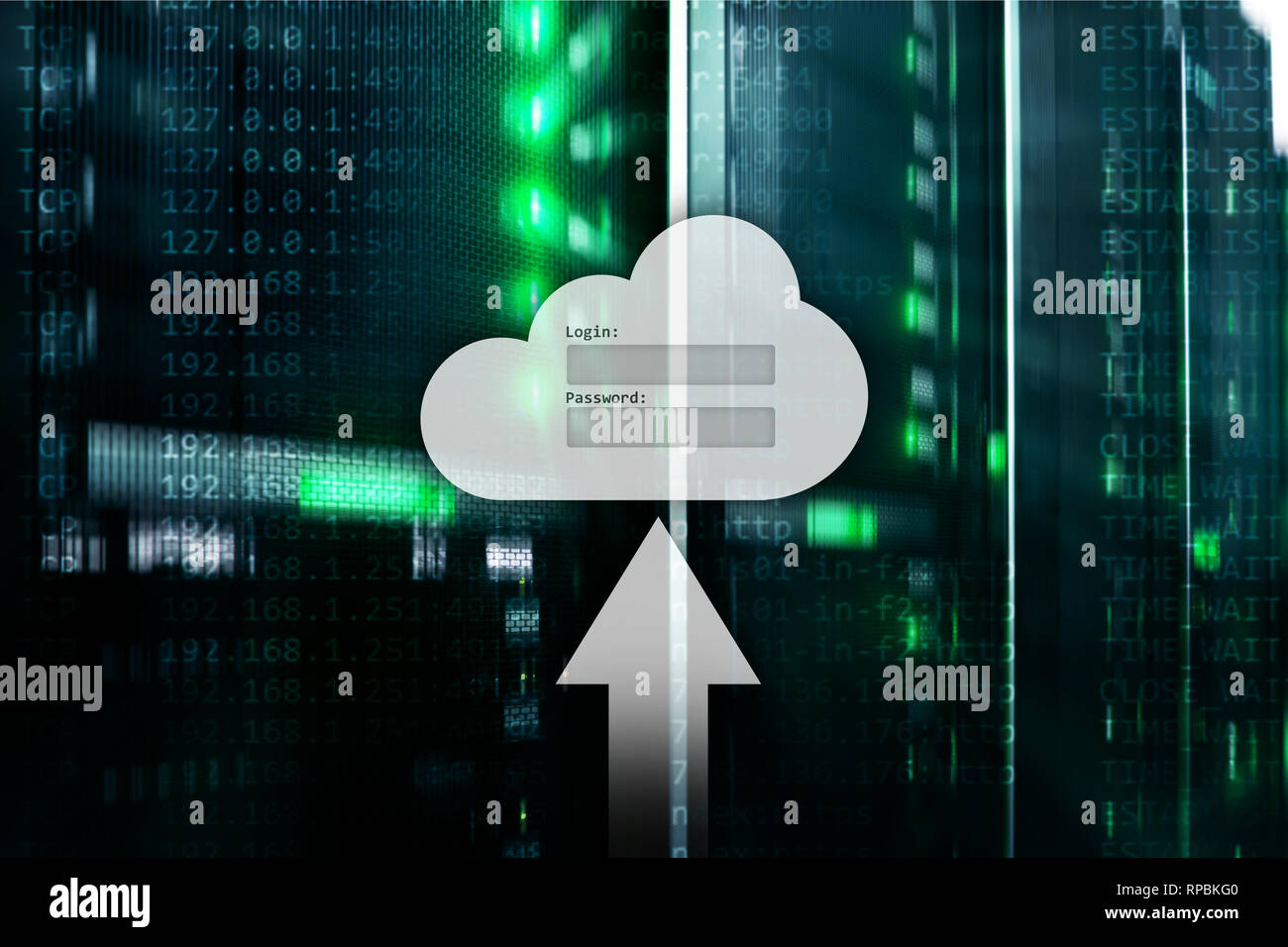 Cloud storage, data access, login and password request window on server ...