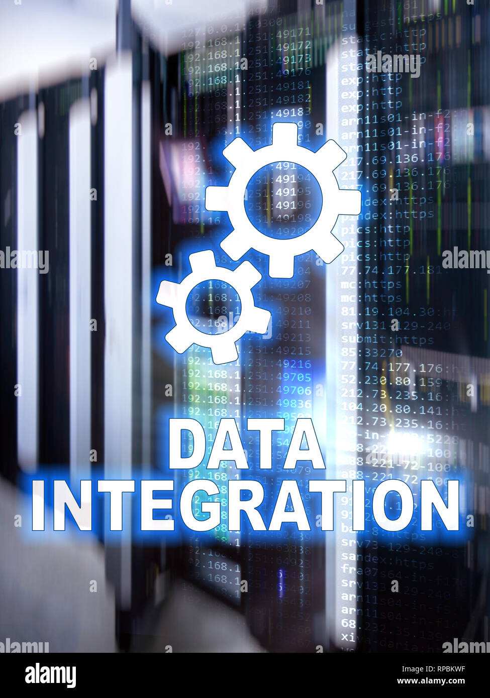 Data integration information technology concept on server room ...