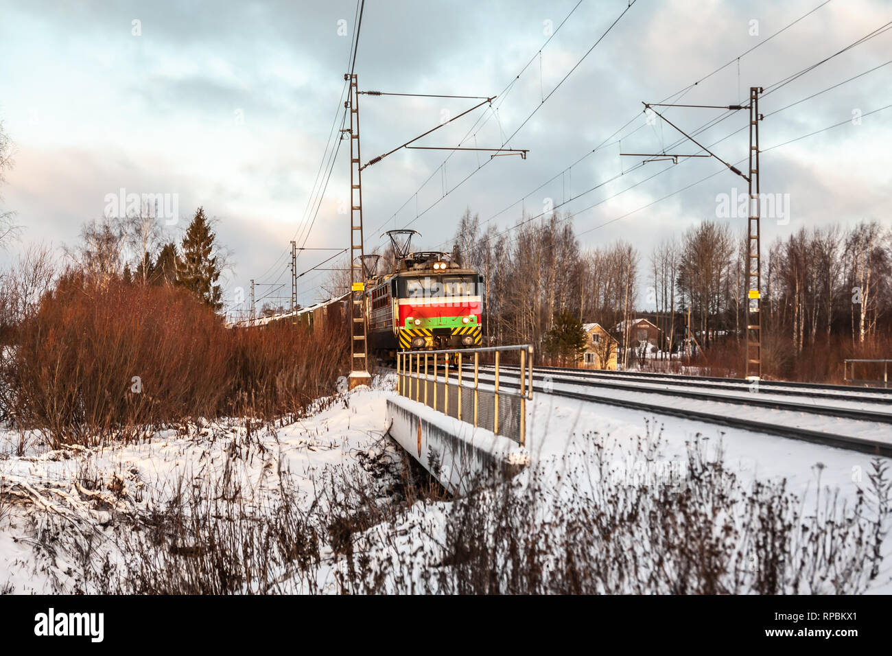 Cargo train at winter morning in Finland Stock Photo - Alamy
