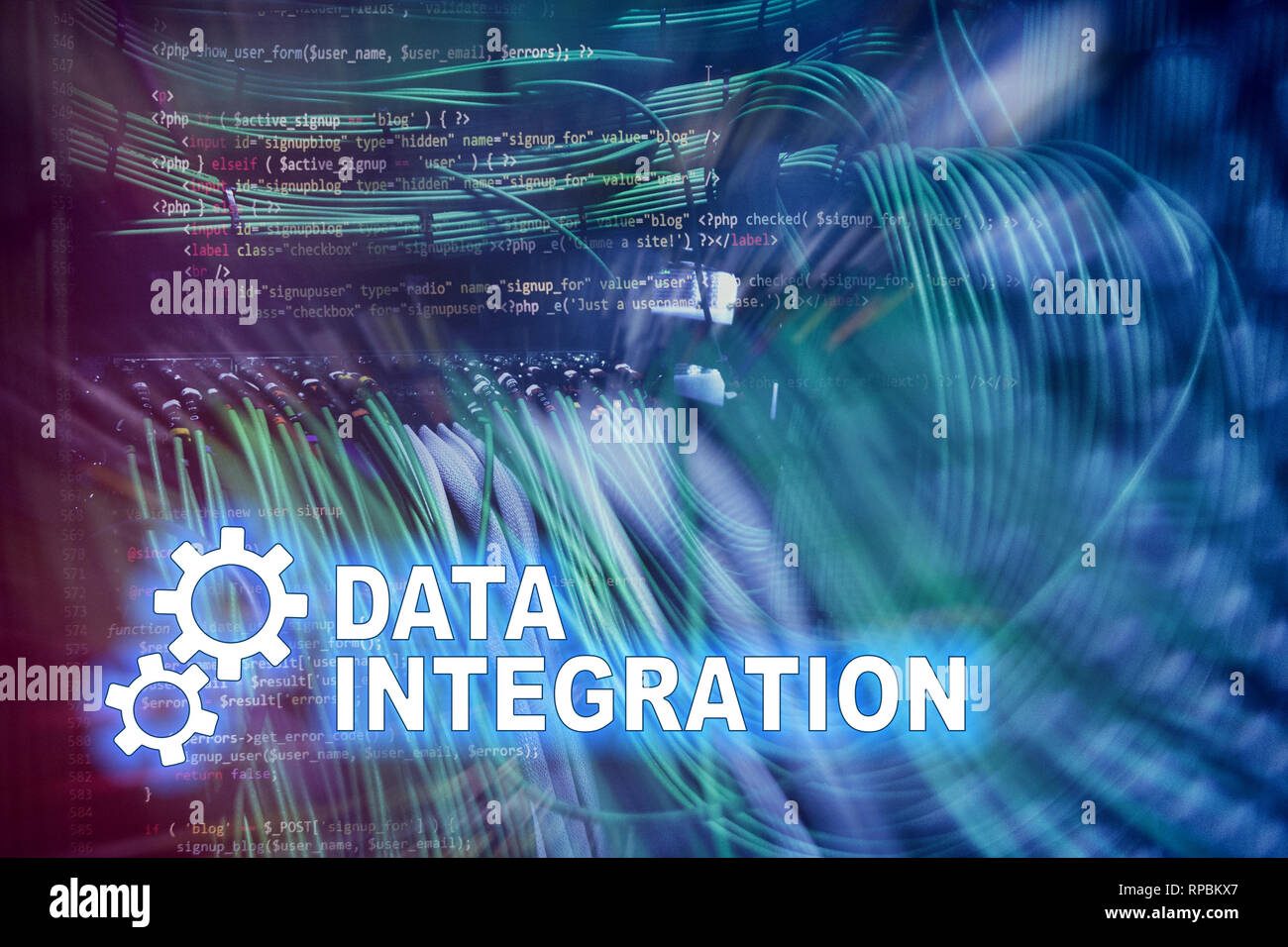Data integration information technology concept on server room ...