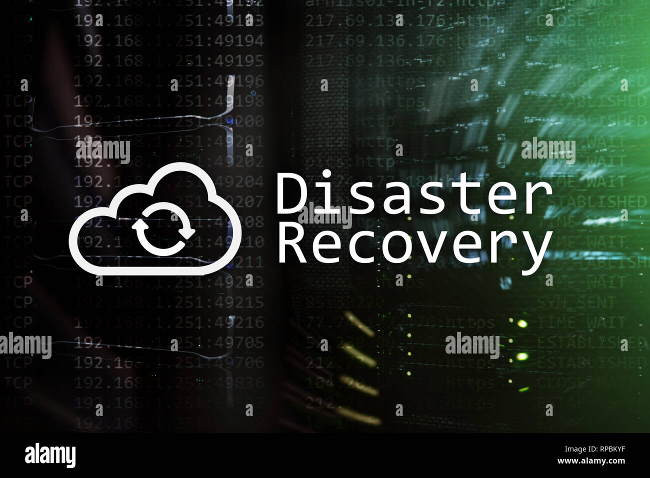 DIsaster recovery. Data loss prevention. Server room on background ...