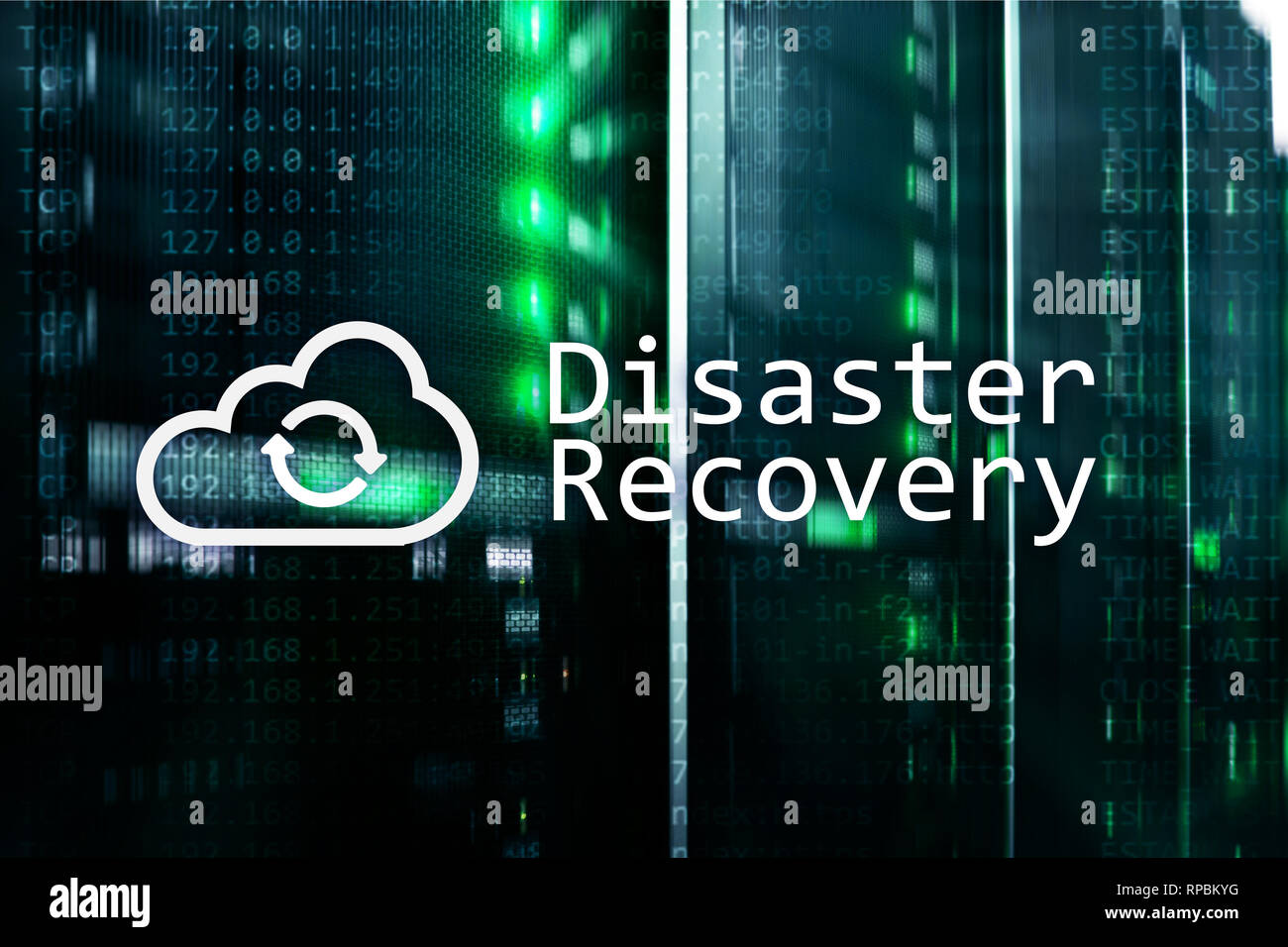 DIsaster recovery. Data loss prevention. Server room on background ...